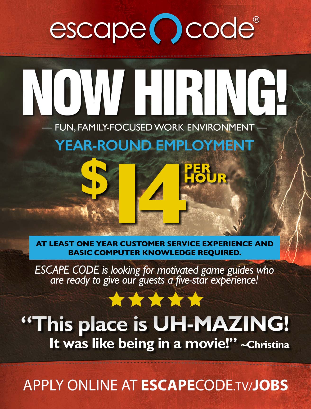 Year-round position available · Escape Code Branson | USA Today #5 Best Escape Room in the nation!